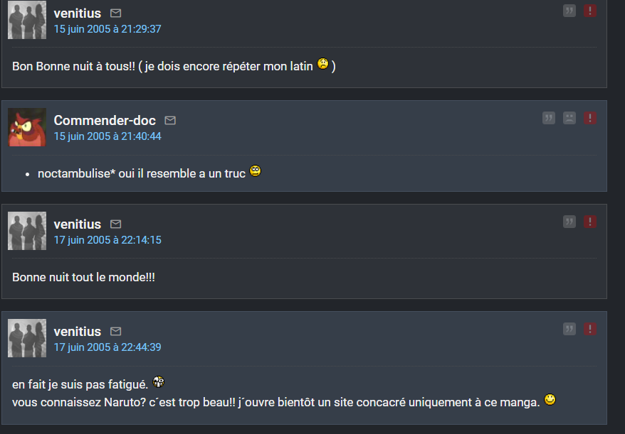 Voir de très vieux topics ou le smiley " :) " est utilisé avec ...