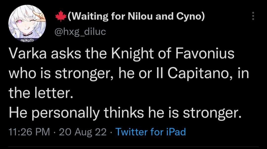 en sah varka vs capitano ? sur le forum Genshin Impact - 20-08-2022 23: ...