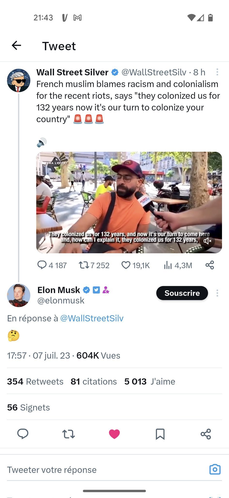 Elon Musk réagit aux propos tenus par un Français sur les émeutes sur ... Elon Musk réagit aux propos tenus par un Français sur les émeutes sur ...