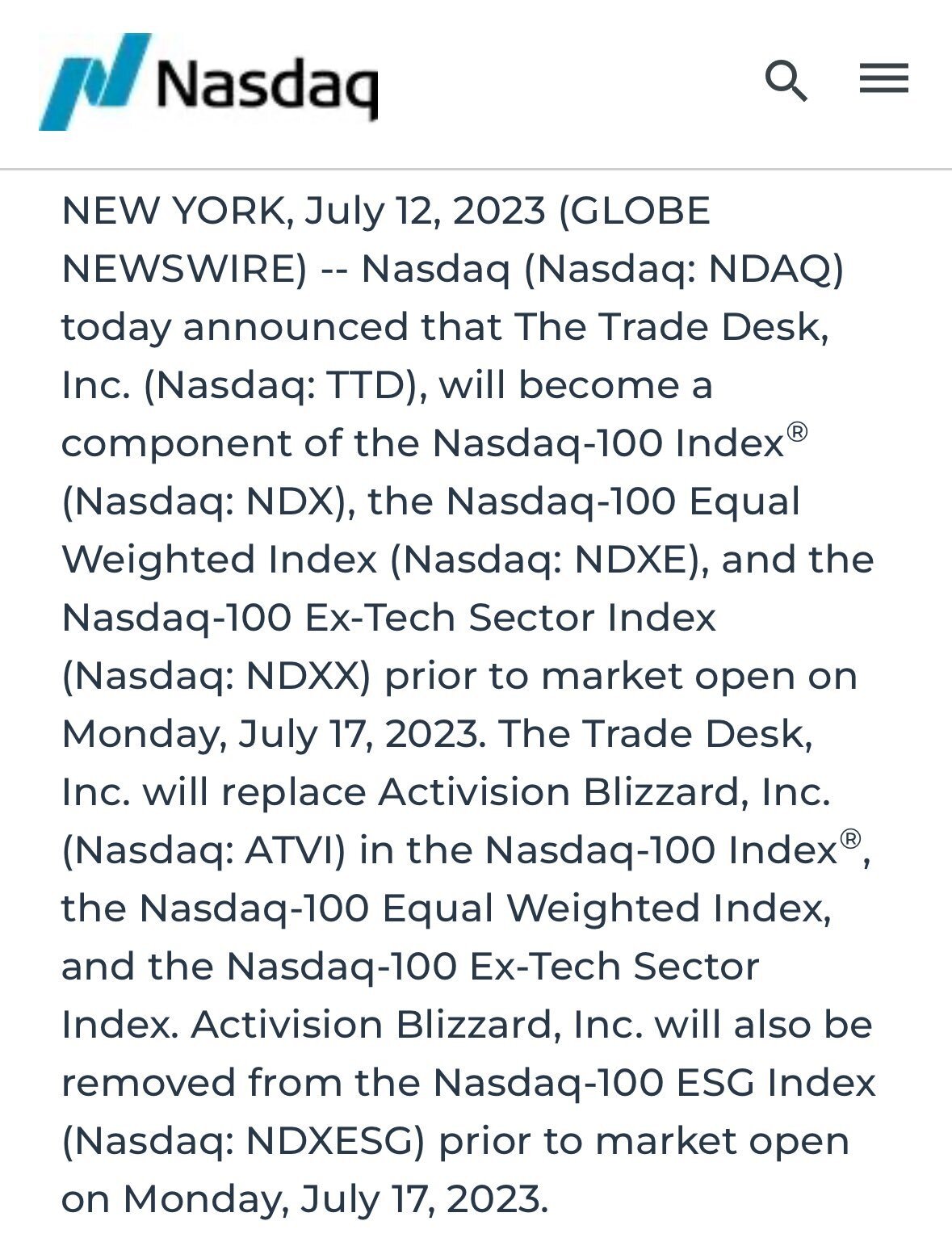 [Officiel] NASDAQ annonce que Activision sera retiré de l'indice ...
