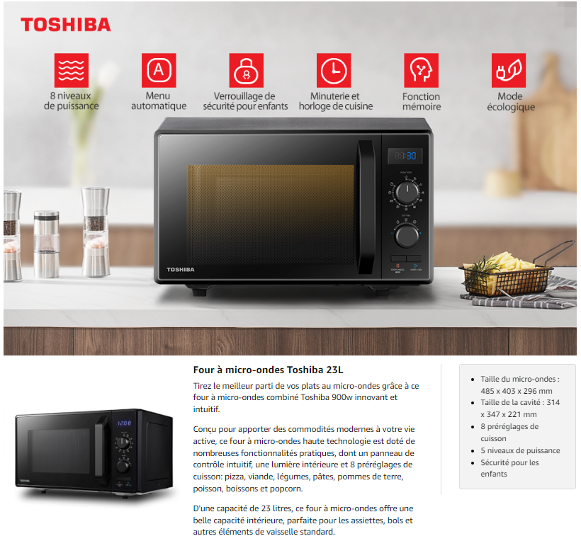 Micro-ondes + Gril Toshiba MW2-AG23P(BK) - 23L - 900W - Grill 1050W | Darty