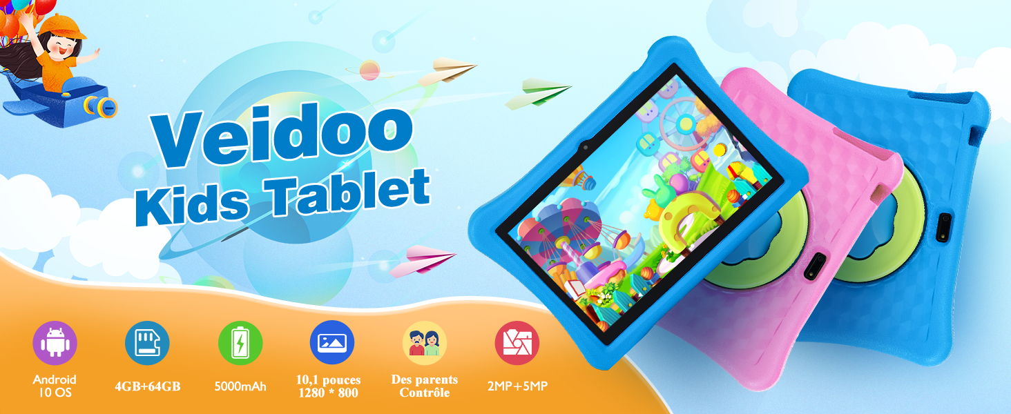Tablette Enfant 10 Pouces, Veidoo Android 4Go+64Go, 5000mAh Eva Housse Amortisseur, Avancé App ...
