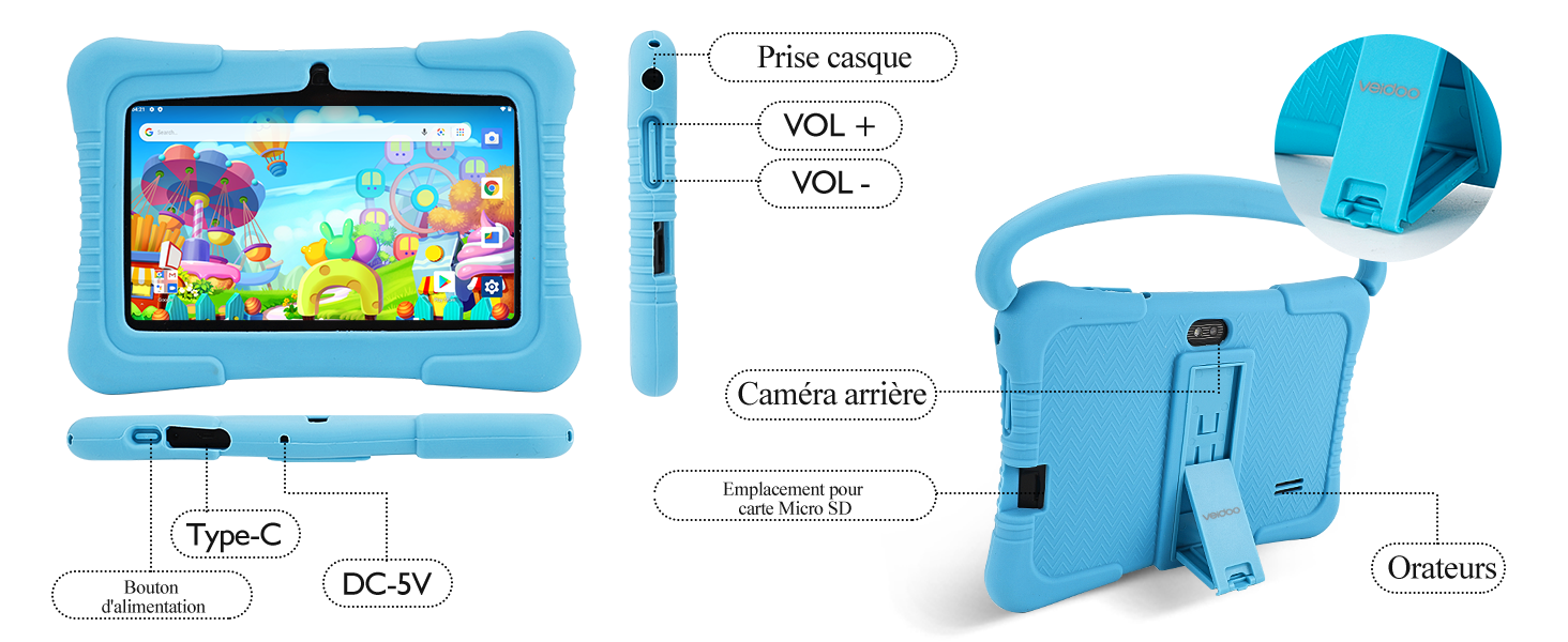 Tablette Enfant 7 Pouces, Veidoo Android 2Go+32Go, Écran Tactile HD, Contrôle Parental ...