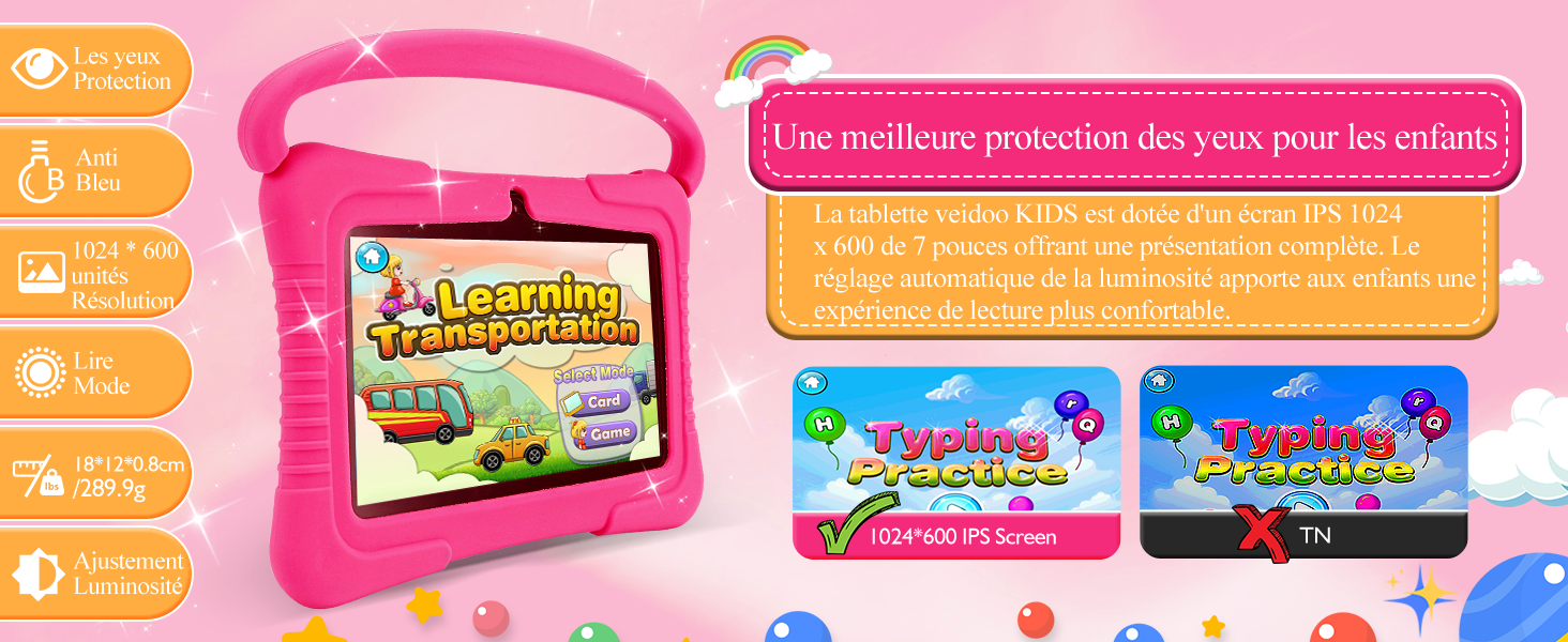 Tablette Enfant 7 Pouces, Veidoo Android 2Go+32Go, Écran Tactile HD ...