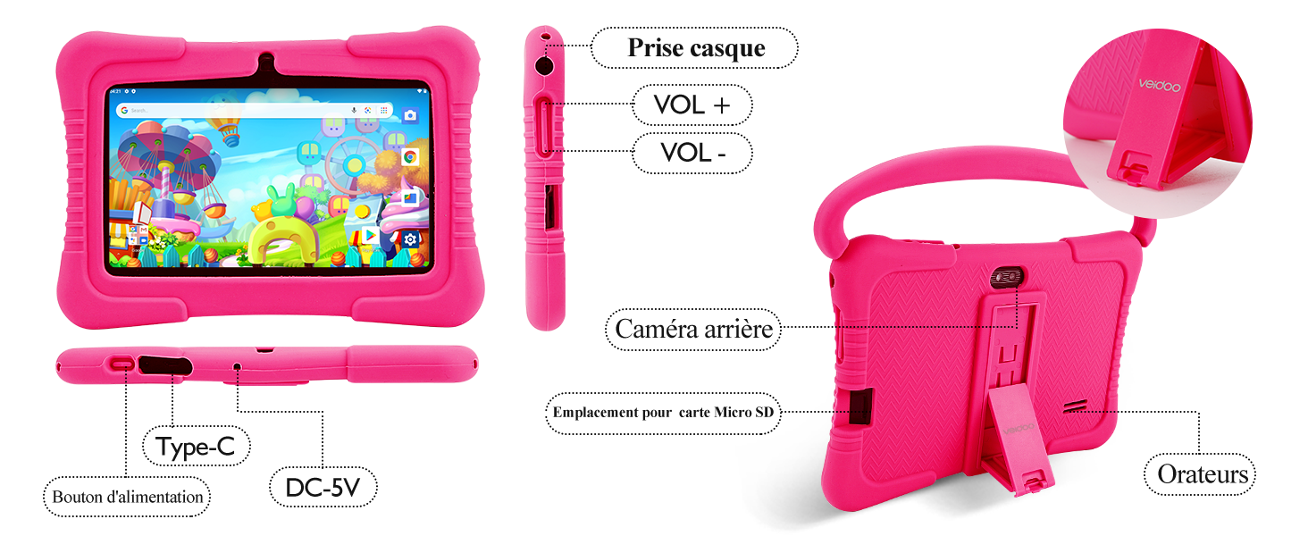 Tablette Enfant 7 Pouces, Veidoo Android 2Go+32Go, Écran Tactile HD, Contrôle Parental ...