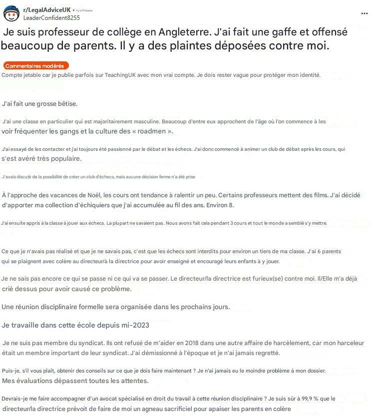 un prof en Angleterre harcelé par des parents d'eleves pour avoir ...